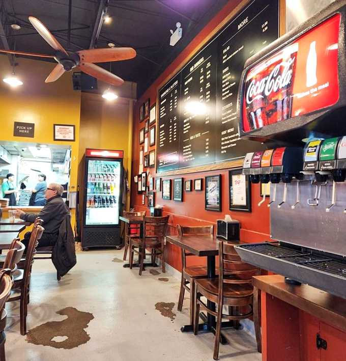 Self-serve drinks and a menu board that looms like the scoreboard at Wrigley Field. The real home runs are coming from the kitchen.
