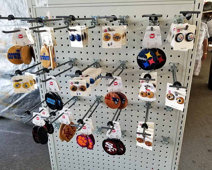 Sports fans wear their loyalties on their ears here. Nothing says "I bleed team colors" quite like Steelers earrings at Sunday's tailgate.