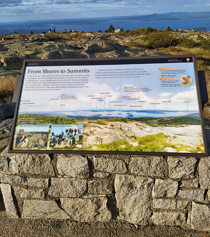 Geography lesson with a view! This interpretive marker helps visitors identify the distant peaks while contemplating Maine's geological story.