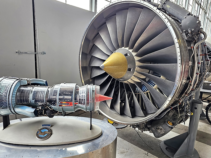This massive jet engine could power a small town, yet somehow we trust it to dangle from a wing while we nap and complain about the snacks. 