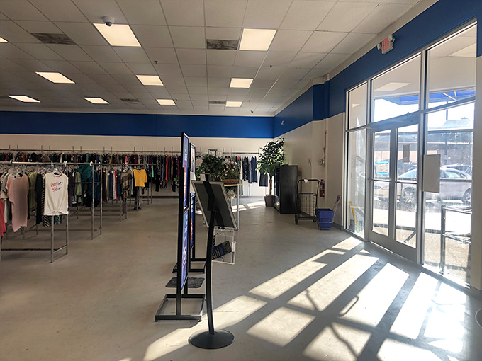 Sunlight streams through the entrance, illuminating the path to potential discoveries like a retail version of Indiana Jones.