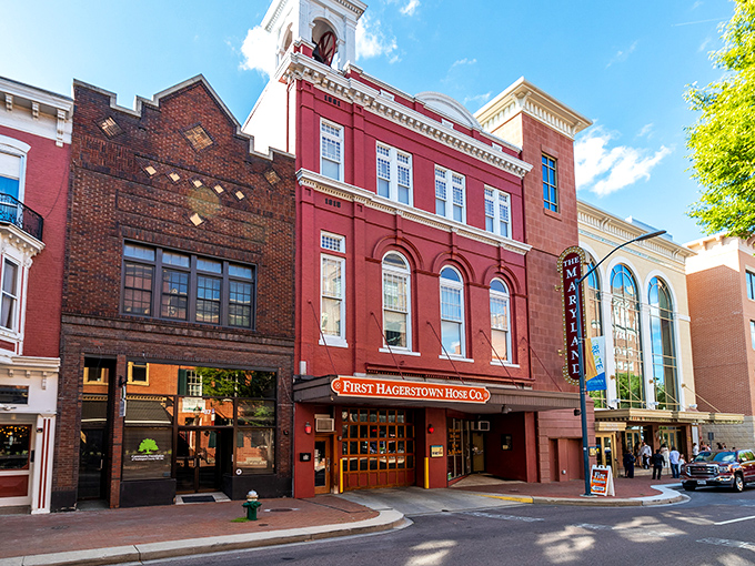The First Hagerstown Hose Company building stands proudly on the main street, its brick facade and distinctive architecture adding character to the downtown area.