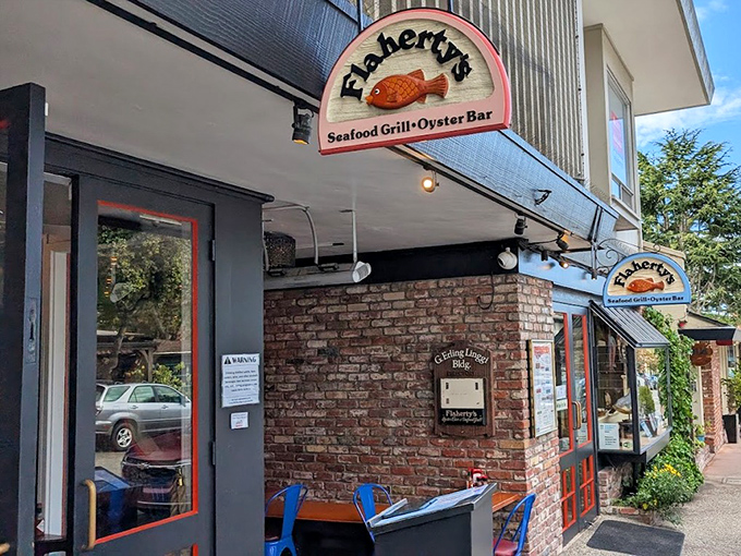 Flaherty's sign promises seafood treasures within&mdash;like a maritime version of "X marks the spot" for hungry explorers of Carmel's culinary scene.