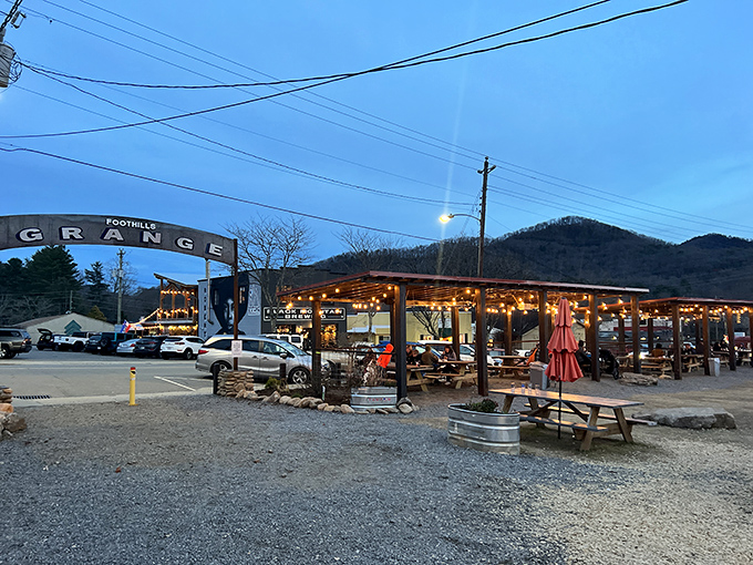 As dusk falls, the Foothills Grange lights up with promise. Those string lights aren't just decoration&mdash;they're an invitation.