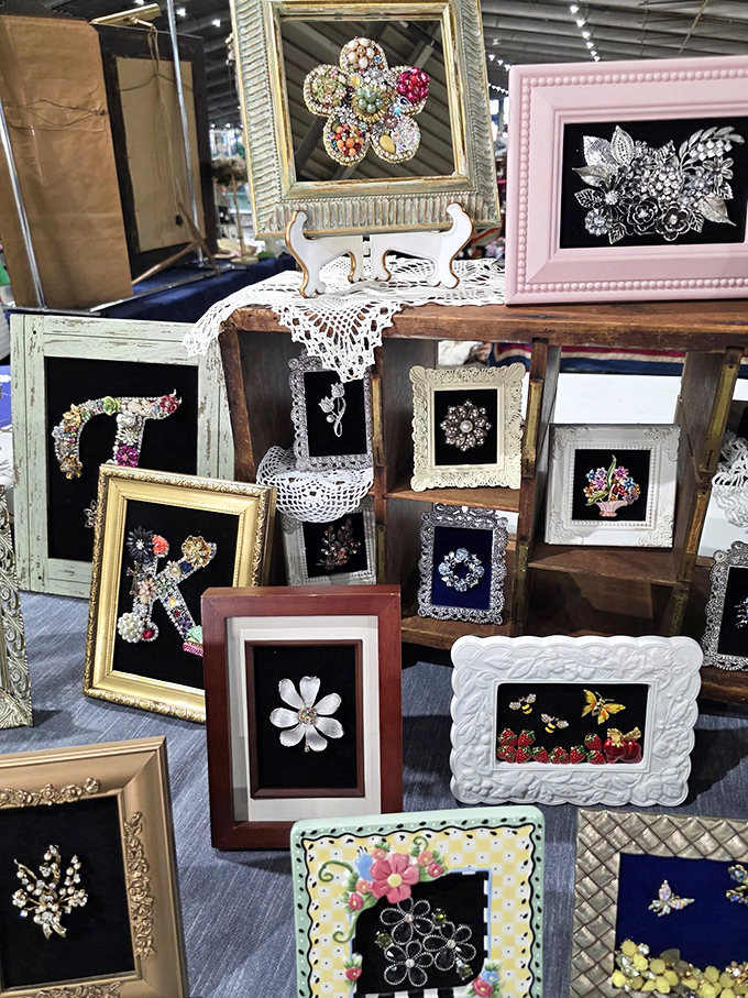 Framed jewelry art transforms grandmother's forgotten brooches into wall-worthy masterpieces that sparkle with nostalgia.