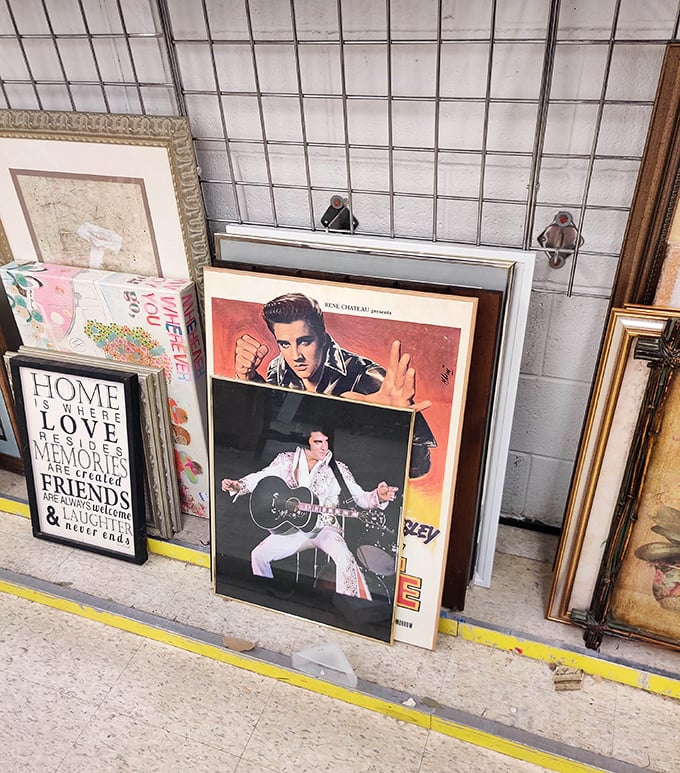 Elvis memorabilia among framed art proves this place has more personality than most sterile retail chain stores.