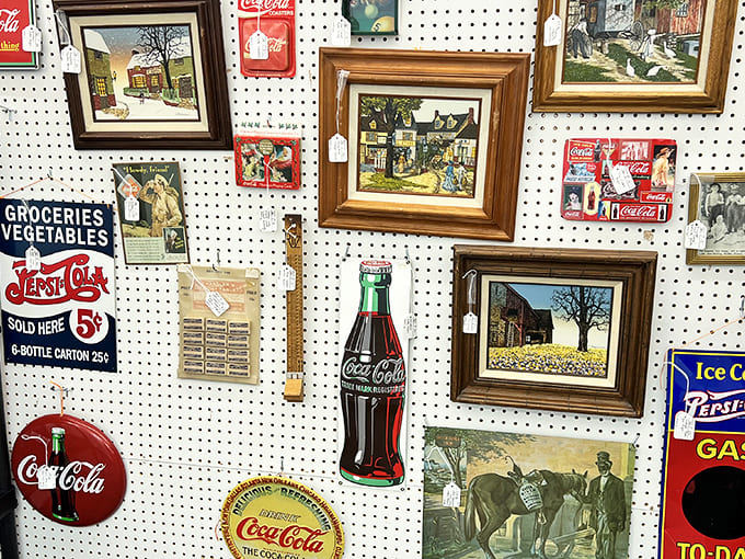 A wall where Coca-Cola advertising through the decades tells the story of American pop culture one fizzy slogan at a time.