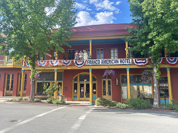 The Franco-American Hotel stands as a colorful reminder of Yreka's multicultural past, its patriotic bunting celebrating history without inflated room rates.