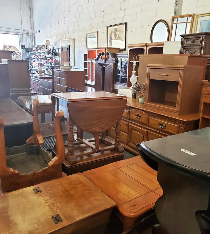 Furniture pieces arranged like a showroom where every item has already lived one interesting life and is ready for another.