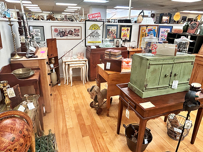 Furniture with the patina of real living – that mint green cabinet has witnessed decades of family dinners and holiday gatherings.