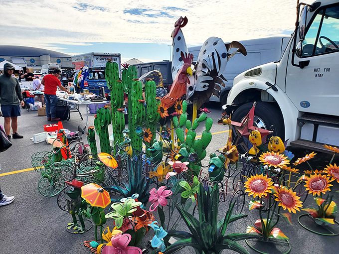 Metal menagerie catching the morning light. These colorful garden sculptures add whimsy to any outdoor space needing personality.