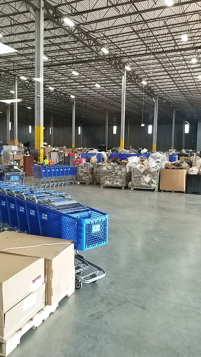 Behind the scenes, the warehouse floor reveals the scale of operations needed to keep the blue bins filled with fresh possibilities.