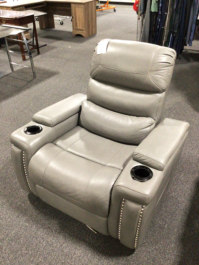 The throne of thrift&mdash;a recliner with cup holders that says "I have excellent taste but also excellent financial sense."