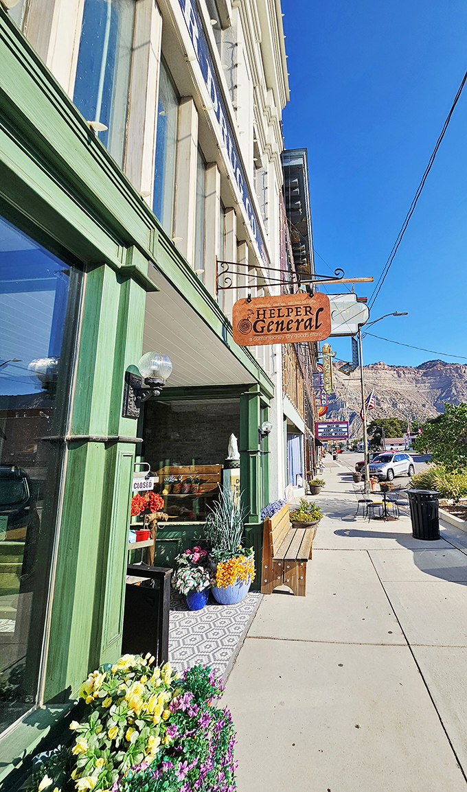 Helper General's storefront bursts with colorful flowers, proving that even in a former mining town, there's always room for a touch of unexpected beauty and whimsy.