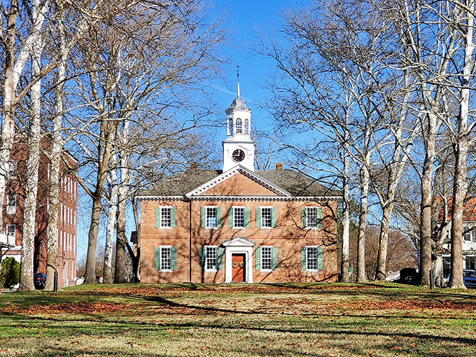 The 1767 Chowan County Courthouse stands dignified among bare winter trees, like a distinguished gentleman who refuses to retire.