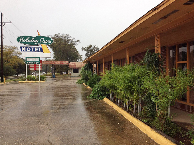 The Holiday Capri Motel's retro sign harkens back to road trip adventures of decades past, when motels promised both vacancy and air conditioning with equal enthusiasm.