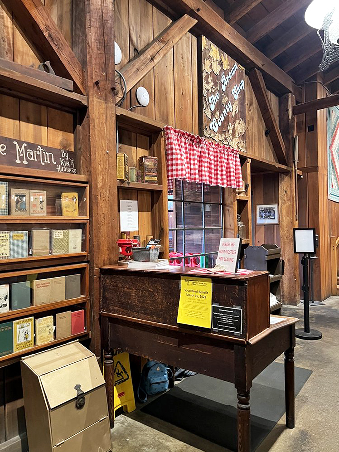 A desk that looks like it could tell stories of Brown County's artistic heritage&mdash;surrounded by books that remind you people came here before Instagram existed.
