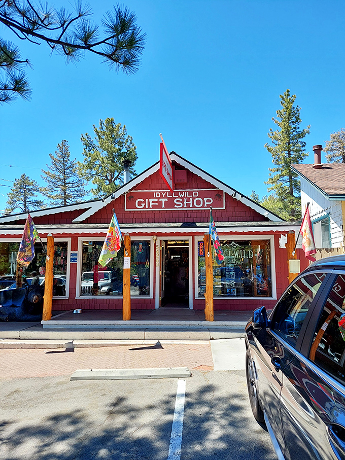 The bright red Idyllwild Gift Shop stands ready to fulfill your souvenir needs with a healthy dose of mountain town character.