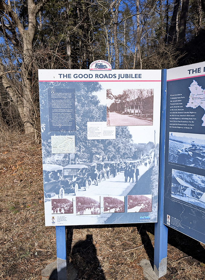 History lesson without the classroom. These weathered panels tell the story of America's "Good Roads" movement better than any textbook could.