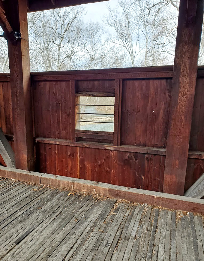 Windows to the creek below offer passing travelers a moment of zen. These small openings were the original drive-through entertainment system.