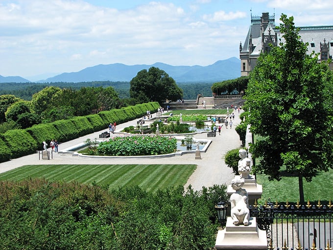 Manicured Italian Gardens stretch toward the Blue Ridge Mountains, proving that sometimes the frame is as beautiful as the picture. 