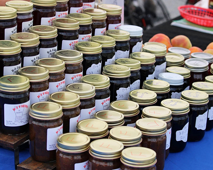 Homemade preserves lined up like soldiers, each jar a time capsule of Louisiana summer waiting to be unleashed.
