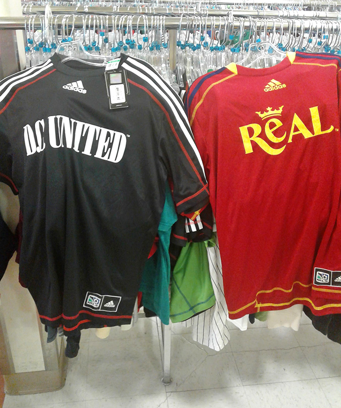 Sports jerseys hang like trophies of fandom past. That DC United shirt might have witnessed heartbreak, while the Real jersey celebrated victory.