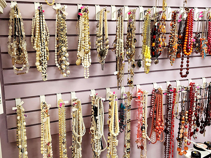 Necklaces cascade down the wall like a waterfall of costume jewelry possibilities and vintage glamour.