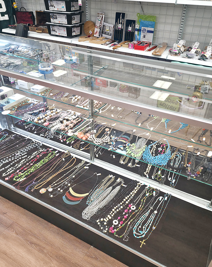 The jewelry counter: where costume pieces get their second act. That turquoise necklace could be your next conversation starter at the neighborhood potluck.