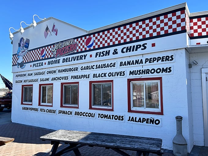 Jo's Diner proudly displays its menu on its exterior &ndash; a checkerboard declaration that comfort food is serious business in these parts.