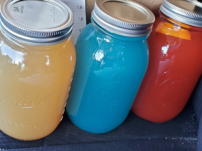 Mason jars filled with colorful beverages suggest someone here understands that even drinks should be a little bit fun and extra. 