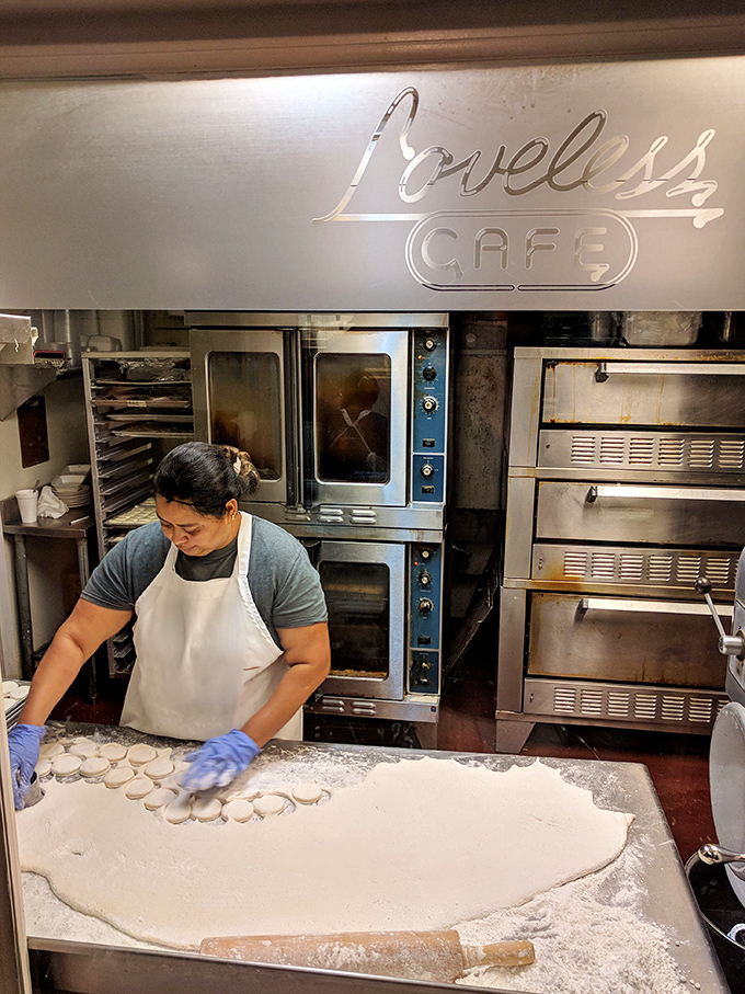 Behind the scenes in the biscuit kitchen, where magic happens daily and flour flies like Southern pixie dust.