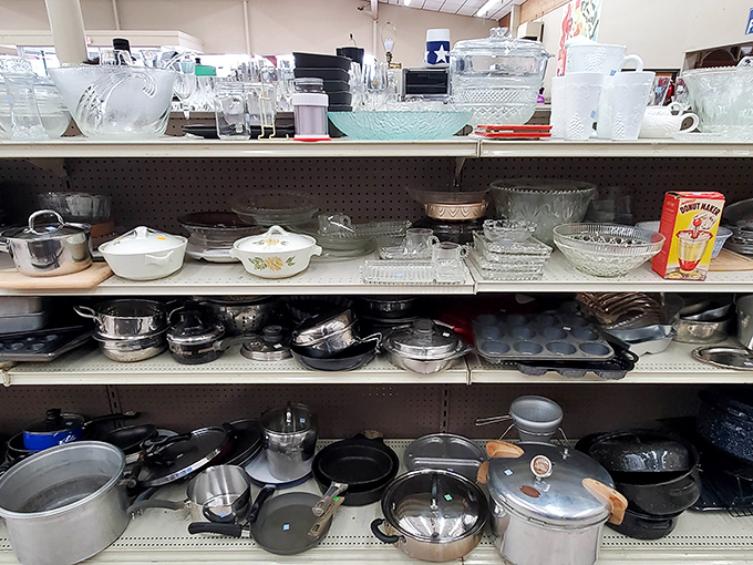 Pyrex paradise! Vintage cookware enthusiasts know that these shelves occasionally yield discontinued patterns and perfectly seasoned cast iron that would make grandma proud.