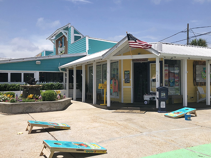 Krazyfish Grille's turquoise and yellow exterior promises coastal cuisine with a splash of color &ndash; like your taste buds are going on a Caribbean vacation.