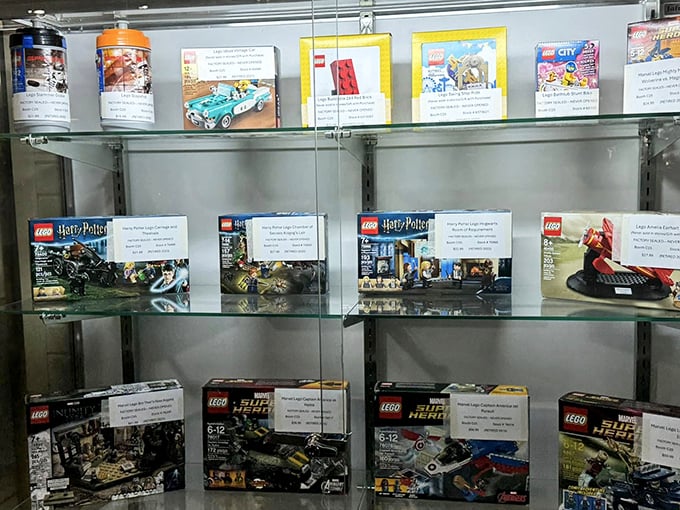 LEGO sets behind glass, like tiny architectural wonders. Harry Potter and superheroes preserved in their boxes, collectibles that never grew up.