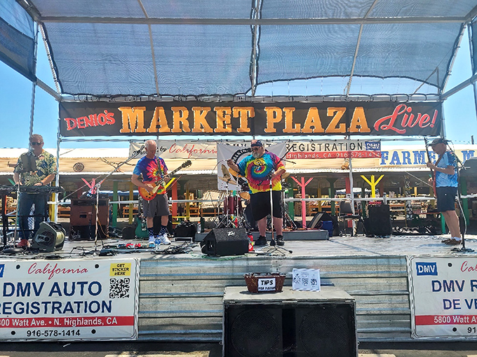 Live music adds soundtrack to shopping adventures. These guys probably have day jobs, but right now, they're the heartbeat of weekend commerce.