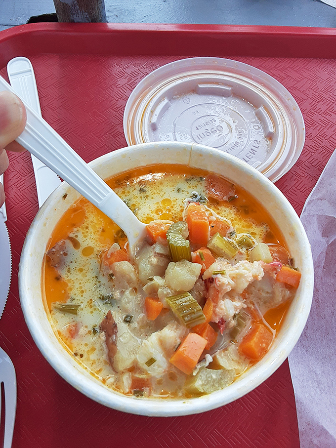 The seafood stew that warms the soul. This hearty lobster stew, rich with cream and vegetables, proves Bob's mastery extends beyond the fryer.