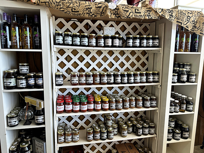 Homemade preserves and jellies lined up like edible jewels. Grandma's recipes captured in glass jars&mdash;taste memories waiting to be spread on toast.