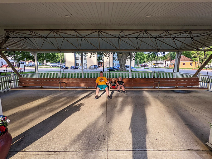 Perspective is everything&mdash;from this angle, you can appreciate just how the swing dominates its shelter like a gentle giant at rest.