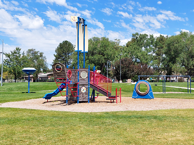 This playful nautical-themed playground seems delightfully out of place in the high desert, like finding a ship captain in a cowboy bar.