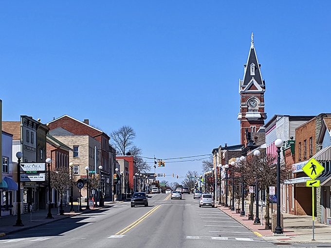 Clarion's Main Street stretches toward the iconic clock tower, creating a postcard-perfect scene that Norman Rockwell would have appreciated.
