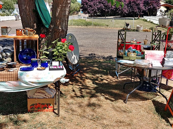 Treasure hunters browse outdoor market finds, where yesterday's kitchenware becomes tomorrow's conversation piece in someone else's home.