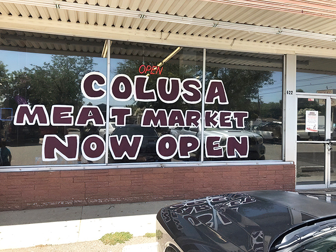 The Colusa Meat Market announces its presence with no-nonsense signage. Inside, local cuts await for Sunday suppers and backyard barbecues.