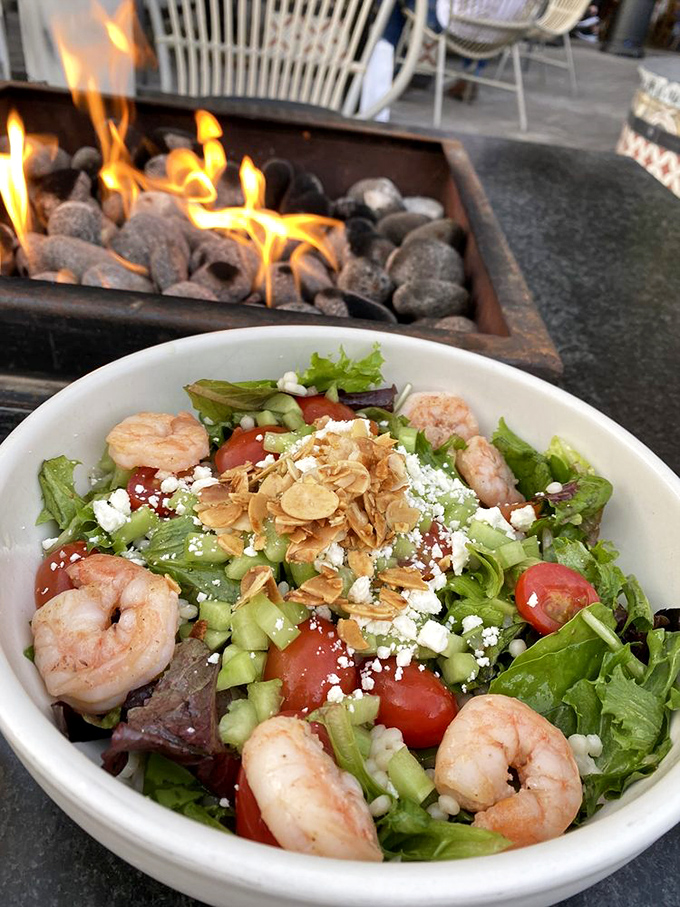A Mediterranean salad that makes eating greens feel like a reward rather than a punishment. Those shrimp are the bonus points.