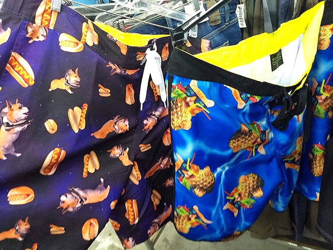 Swim trunks featuring hot dogs and pineapples&mdash;because nothing says "I'm on vacation" like wearing food on your shorts while swimming in paradise.