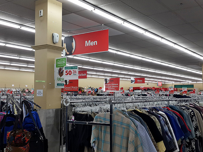 The men's department: where yesterday's business casual becomes tomorrow's smart investment. Those 50% off signs are the cherry on this sartorial sundae.