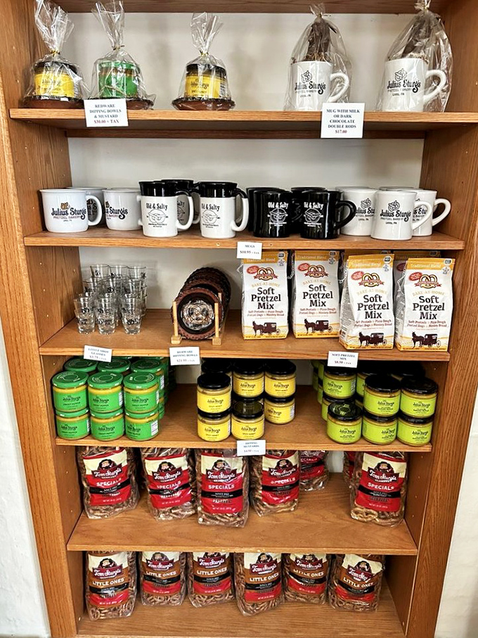 Pretzel passion extends beyond eating&mdash;mugs, mixes, and mustards let visitors take a taste of Lititz tradition home.