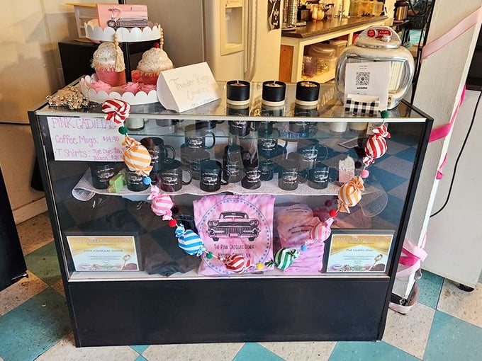 Take home a piece of pink paradise! The merchandise counter offers mugs, shirts, and candy&mdash;because the best souvenirs are the ones that spark joy.