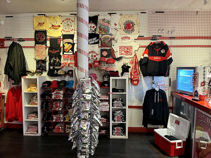 Merch wall alert! Because wearing your lobster love on your sleeve (or hat) is the ultimate Maine souvenir.