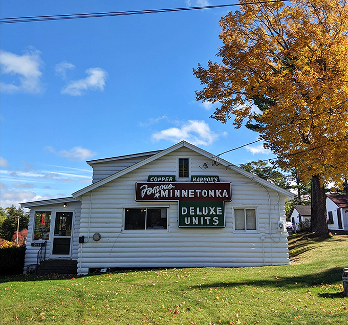 Port Minnetonka's "Deluxe Units" sign speaks to a simpler era of travel, when wood paneling was fancy and the TV having color was worth advertising.